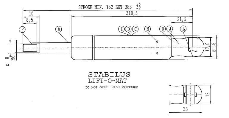 Stabilus Lift-o-Mat 7267XK, 16 in. 135 lbs. gas charged lift support,