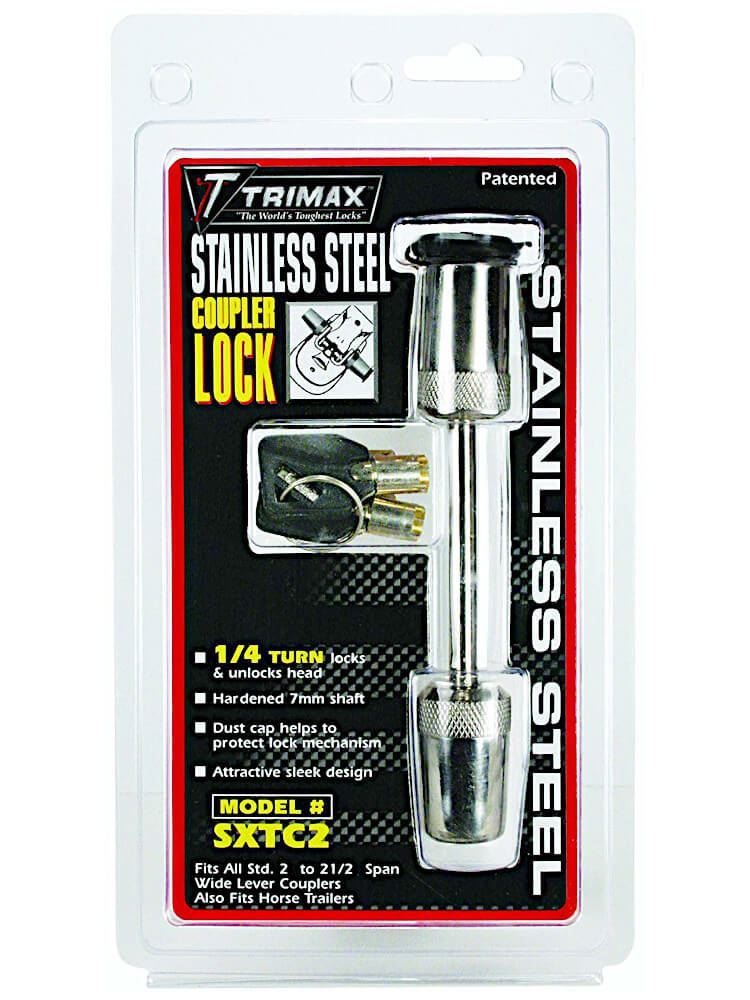 Trailer Stainless Steel Coupler Lock up to 2-1/2" Span | Trimax SXTC2|